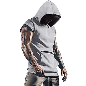 Muxing Tank Tops Men,Men's Pocket Zipper Workout Tank Tops Hooded Bodybuilding Fitness Muscle T Shirt Sleeveless Gym