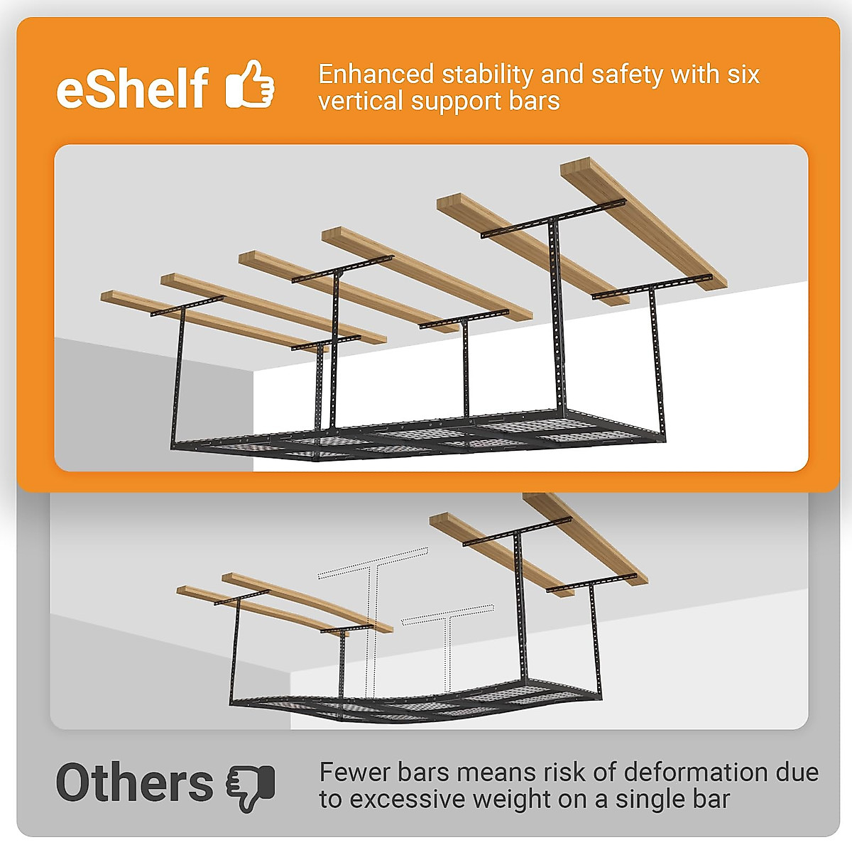 eShelf 4ftx8ft Overhead Garage Storage Rack, Heavy-Duty Metal Garage Ceiling Storage Rack, 22''-40" Adjustable Ceiling Drop-Down, 600 lb. Loading Weight Capacity, Black