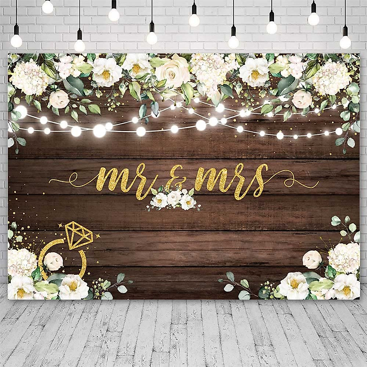 AIBIIN 7x5ft Mr & Mrs Backdrop for Wedding Bridal Shower Rustic Wooden White Flowers Photography Background Wedding Bachelorette Party Decirations Banner Photo Booth Props