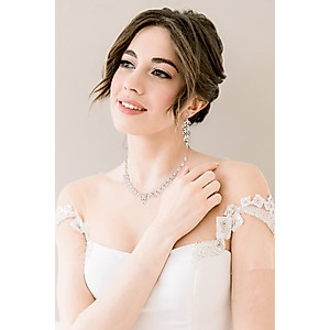 SWEETV Wedding Jewelry Set for Brides Bridesmaid Women, Cubic Zirconia Rhinestone Necklace Dangle Earrings Jewelry Set for Women, Chandelier Bridal Jewelry Set for Wedding Party Costume (0.2 Silver)