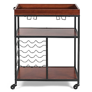 COSTWAY Kitchen Rolling Island Cart, with 9-Bottle Wine Racks & Glass Holders, Utility Beverage Cart Trolley with Lockable Wheels for Home Kitchen, Wooden and Metal Frame, Rustic Brown