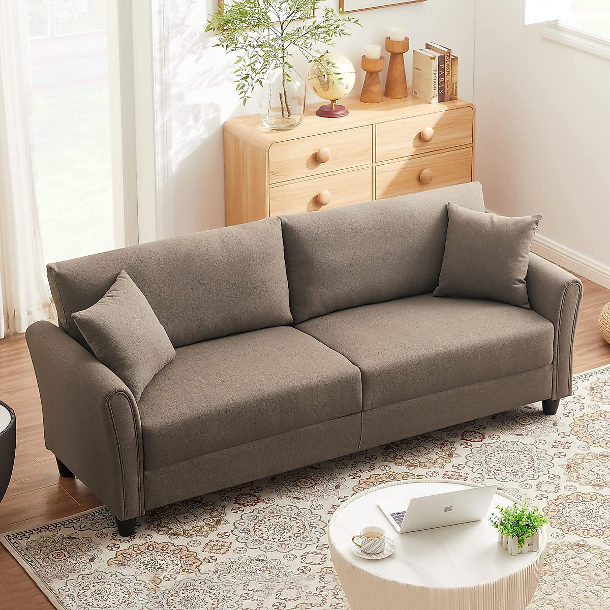 mikibama 85 Inches Mid-Century Modern Couch 3 Seater Long Sofa with 2 Throw Pillows Linen Fabric Upholstered Sofa with Rolled Armrest for Living Room, Bedroom (Light Brown)