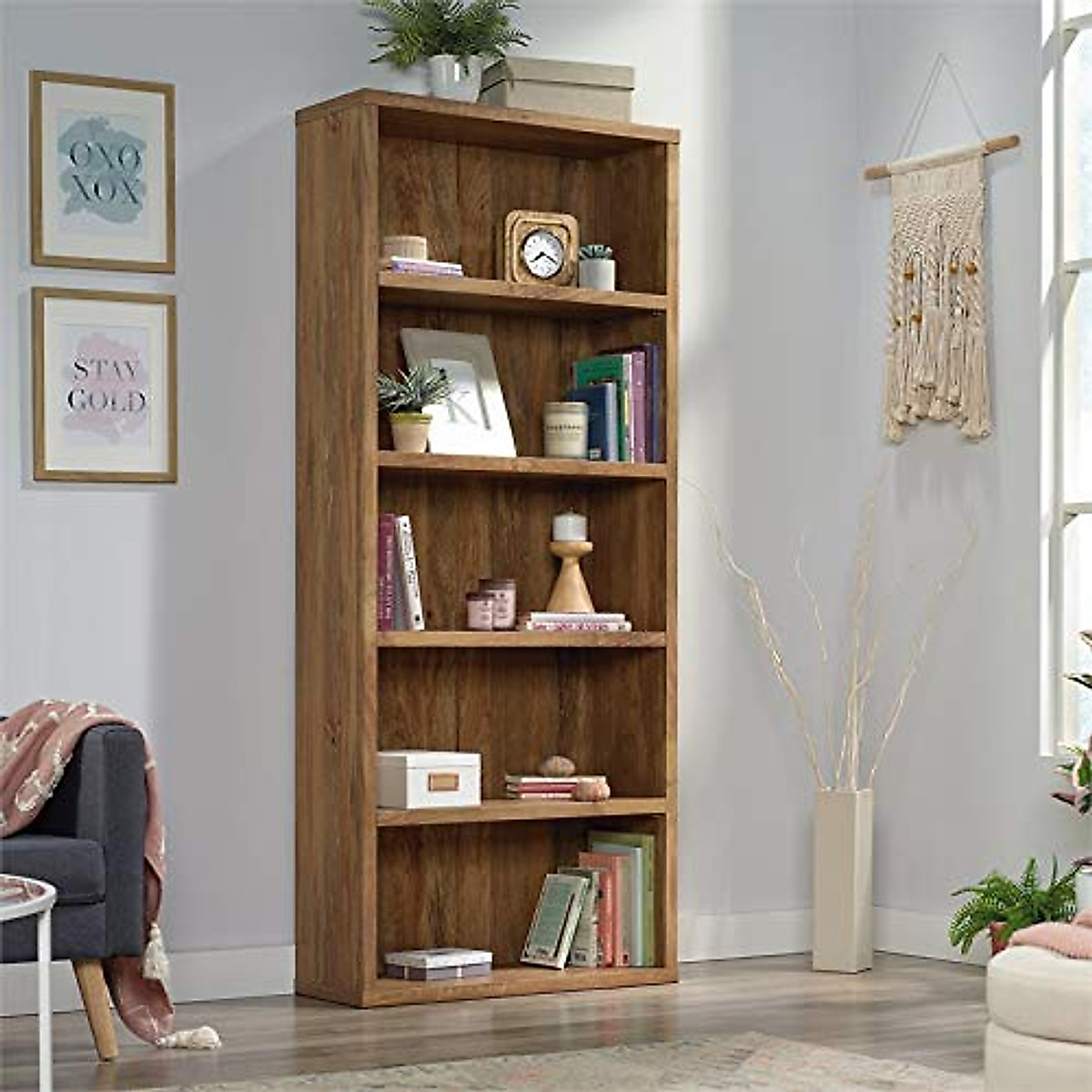 Sauder Miscellaneous Storage 5-Shelf Wood Bookcase in Sindoori Mango, Sindoori Mango Finish