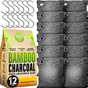 Charcoal Odor Absorber for Strong Odor (Large, 12 Pack, 100g each), Perfect for Smelly Shoes, Bamboo Charcoal Air Purifying Bag, Activated Charcoal Odor Absorber for Closet, Shoe, Car, Odor Deodorizer