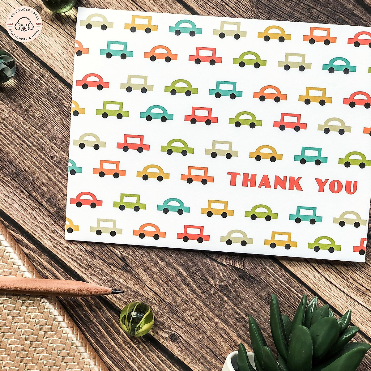 Two Poodle Press Boy Thank You Cards, Retro Car Thank You Notes with Envelopes - For Birthdays, Baby Showers, Graduation, Kids Stationery, Baptism Thank You, Teacher Appreciation - Liam
