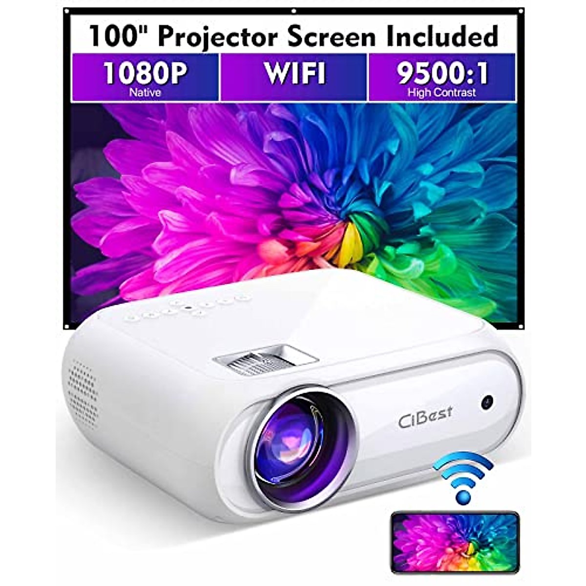 Mini Projector, FUNTUSPIC-Ci Best Phone Projector 2022 Upgraded Native 1080P with 8500L, WiFi Projector Compatible with iOS/Android Phone/Tablet/Laptop/TV Stick/USB/PS4 [100" Screen Included]