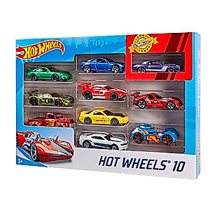 Hot Wheels Set of 10 Toy Cars & Trucks in 1:64 Scale, Race Cars, Semi, Rescue or Construction Trucks (Styles May Vary)