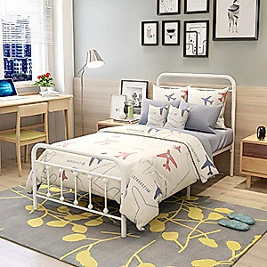 DUMEE Metal Bed Frame Twin Size Platform with Vintage Headboard and Footboard Sturdy Metal Frame Premium Steel Slat Support,Textured White