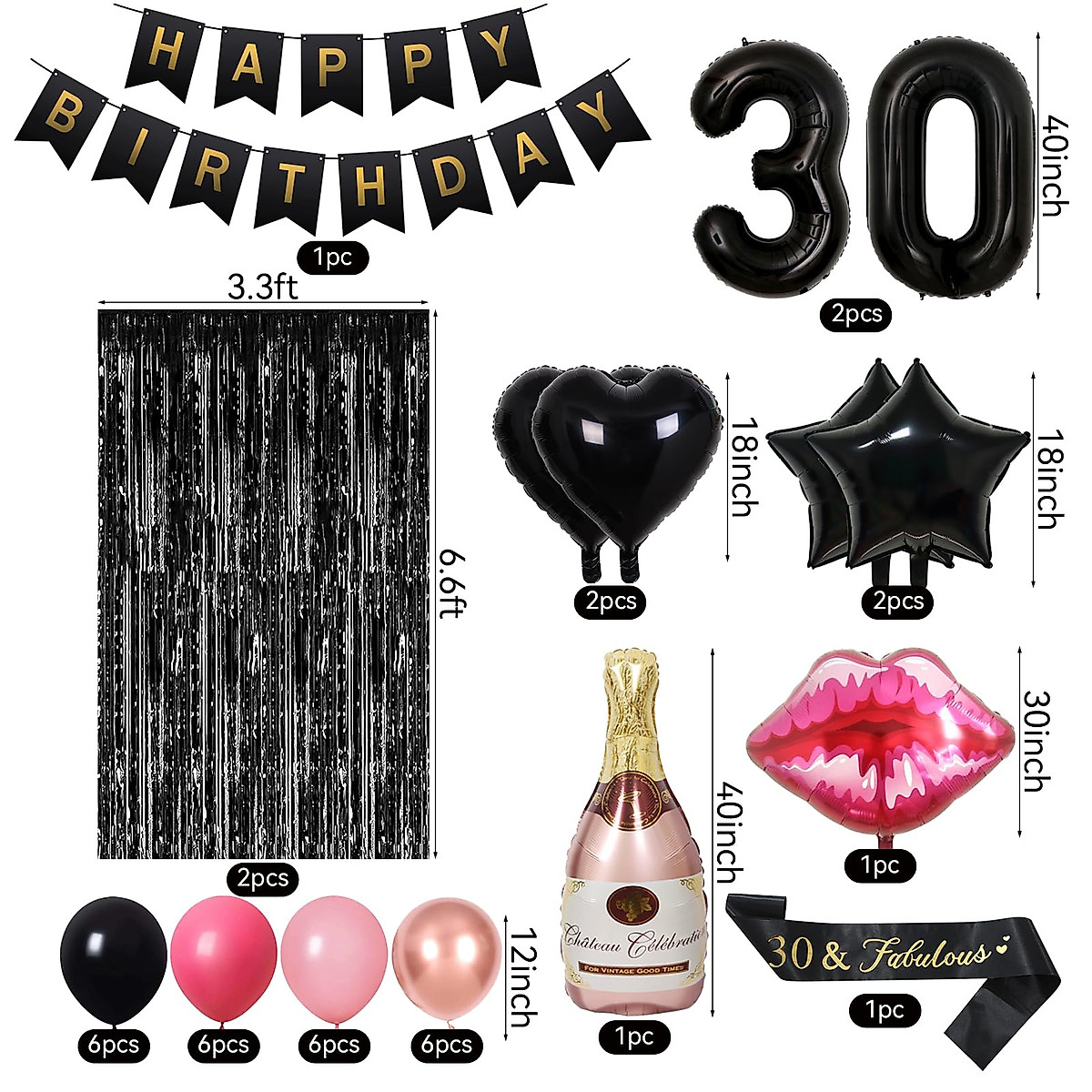 30th Birthday Decorations for Women, Black Pink 30 Birthday Decorations for Her, Black 30 Balloon Numbers, 30th Birthday Sash, Happy Birthday Banner, Dirty 30 Decorations for Her