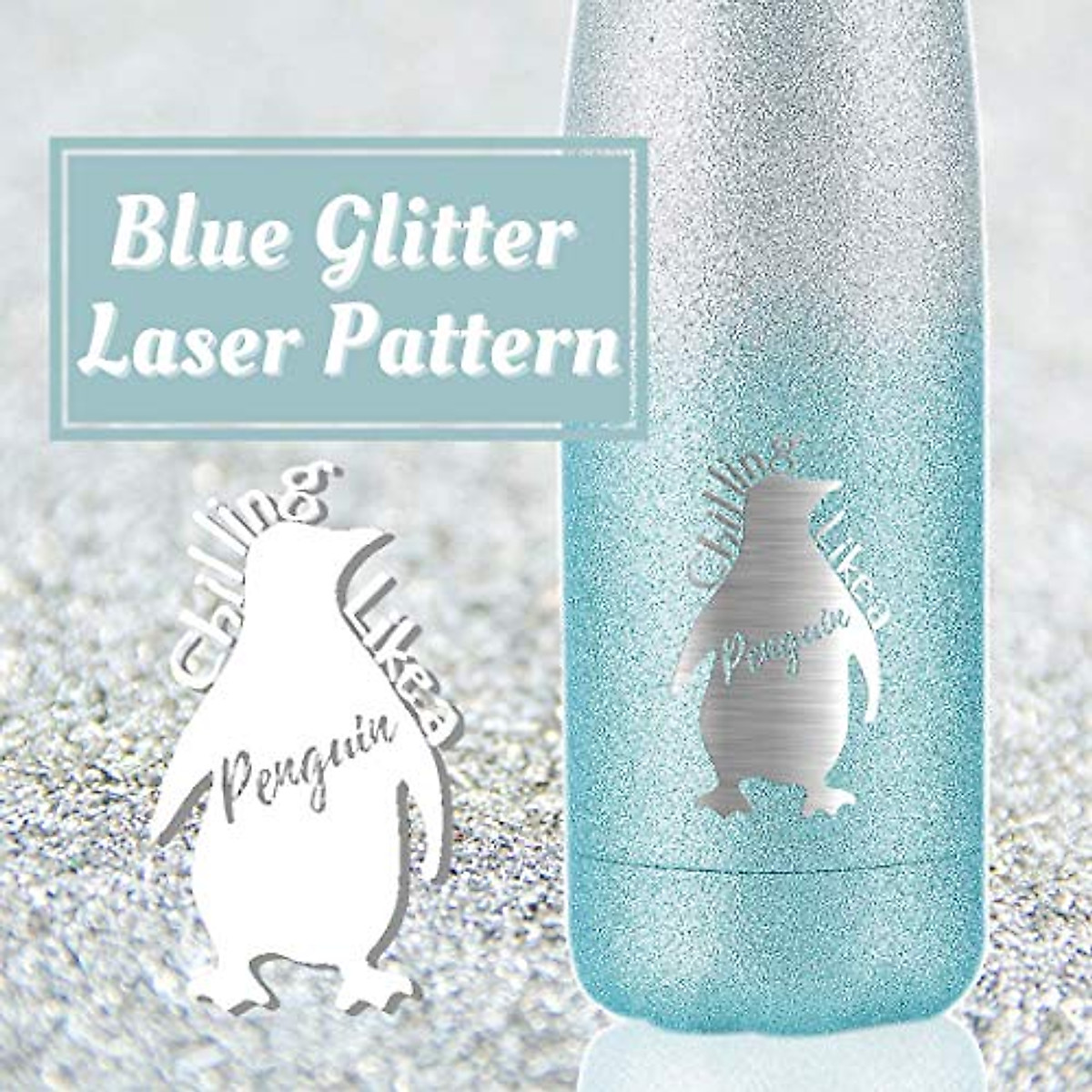 Onebttl Penguin Gifts for Girls Women Boys Penguin Lovers - Chilling Like A Penguin - 17oz Stainless Steel Water Bottle - for Daughters Sons Friends - B-day X-mas - Silver Blue Gradient Glitter