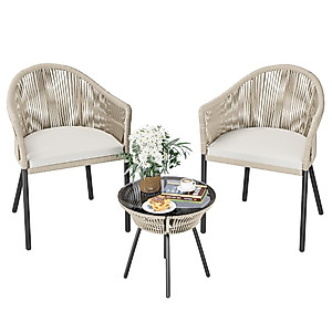 Devoko Patio Furniture Set 3 Pieces Rope Woven Bistro Set Outdoor Conversation Set with 2 Wide Chairs,Cushions and Tempered Glass Table for Balcony Porch Backyard Garden Poolside