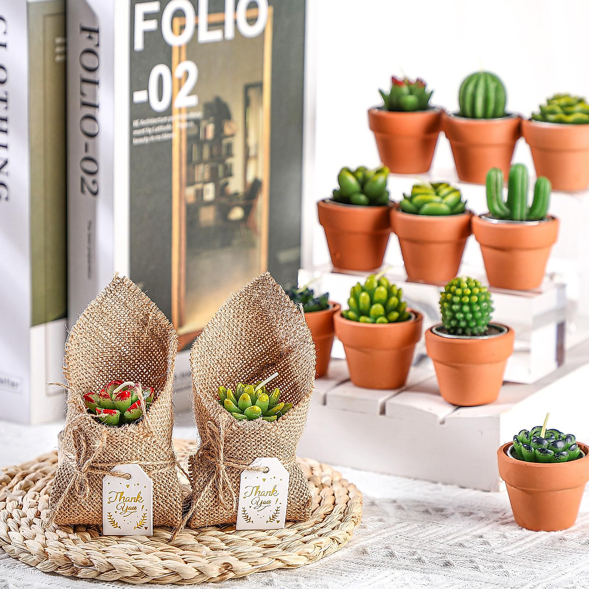 MTLEE 12 Sets Succulent Cactus Tealight Candles with Mini Terracotta Pots Natural Burlap Bags Thank You Tag and Ropes, Baby Shower Plant Candles, Handmade Plant Candles Gift for Birthday and Wedding
