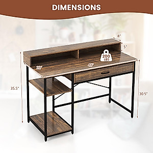 Tangkula Computer Desk with Storage Drawer & Monitor Stand, 48” Home Office Writing Desk with 2 Open Shelves & Compartments, Computer Workstation Writing Study Desk with Metal Frame (Rustic Brown)