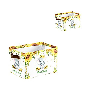 Cute Elephant Sunflower Personalized Storage Bins Basket Cubic Organizer with Durable Handle for Shelves Wardrobe Nursery Toy 1 Pack