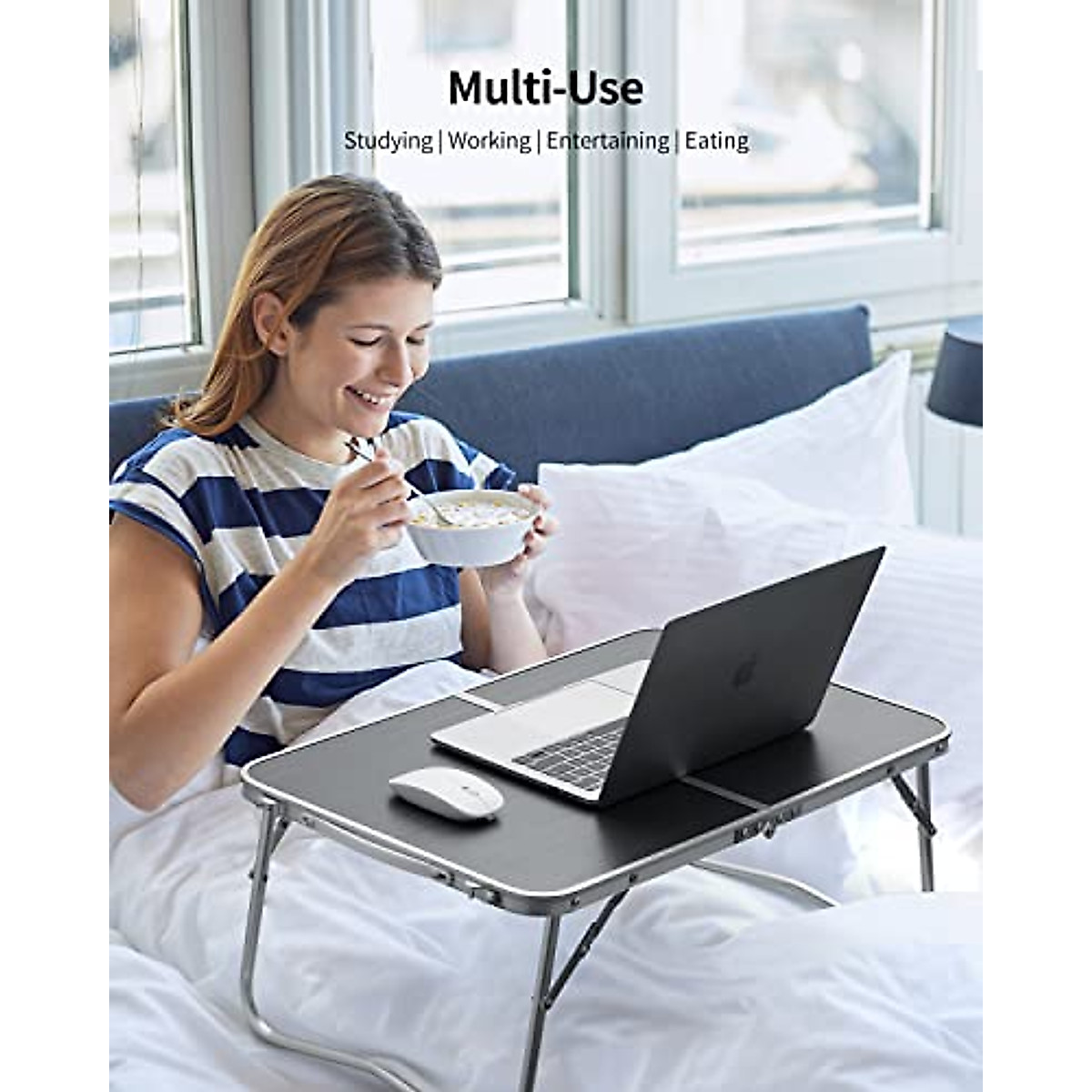 FISYOD Folding Laptop Table, Bed Table Lap Desk, Breakfast Tray Table, Portable Mini Picnic Study Reading Drawing Table, Folding in Half with Inner Storage Space (Dark Grey)