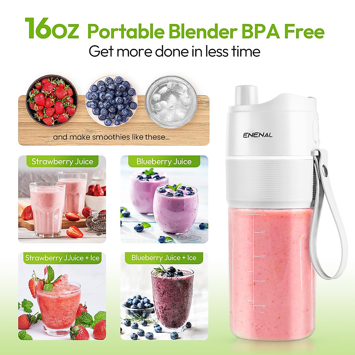 Personal Size Blender, Enenal Portable Blenders Smoothies and Shakes 5000mAh Battery, 16oz Mini Blender USB Rechargeable, Handheld Blender BPA-Free Fruit Smoothie Juicer Cup
