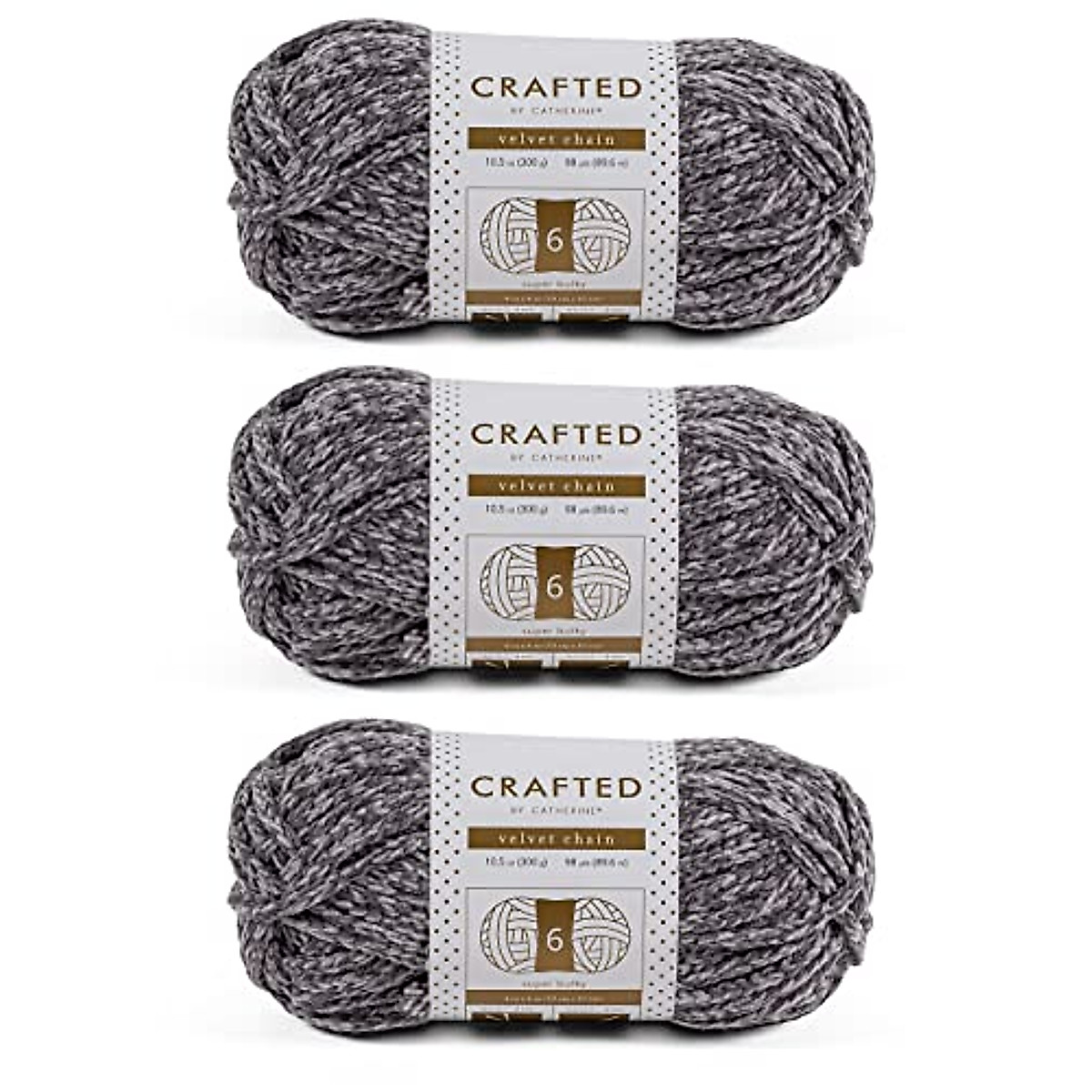 Crafted By Catherine Velvet Chain Yarn - 3 Pack, Grey, Gauge 6 Super Bulky