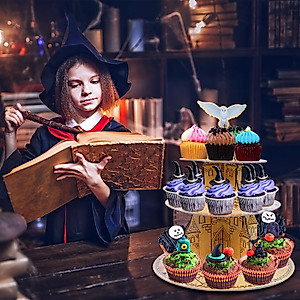 XEFINAL 3-Tier Magical Wizard Cupcake Stand Wizard Birthday Party Cake Stand Halloween School Party Wizard Birthday Party Supplies Gift for Magical Lover (Round)