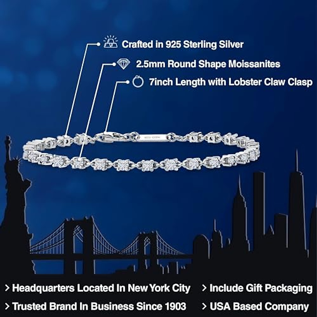 Gem Stone King White Moissanite Tennis Bracelet For Women in 925 Sterling Silver | 1.76 Cttw | Round 2.5MM | 7 Inch