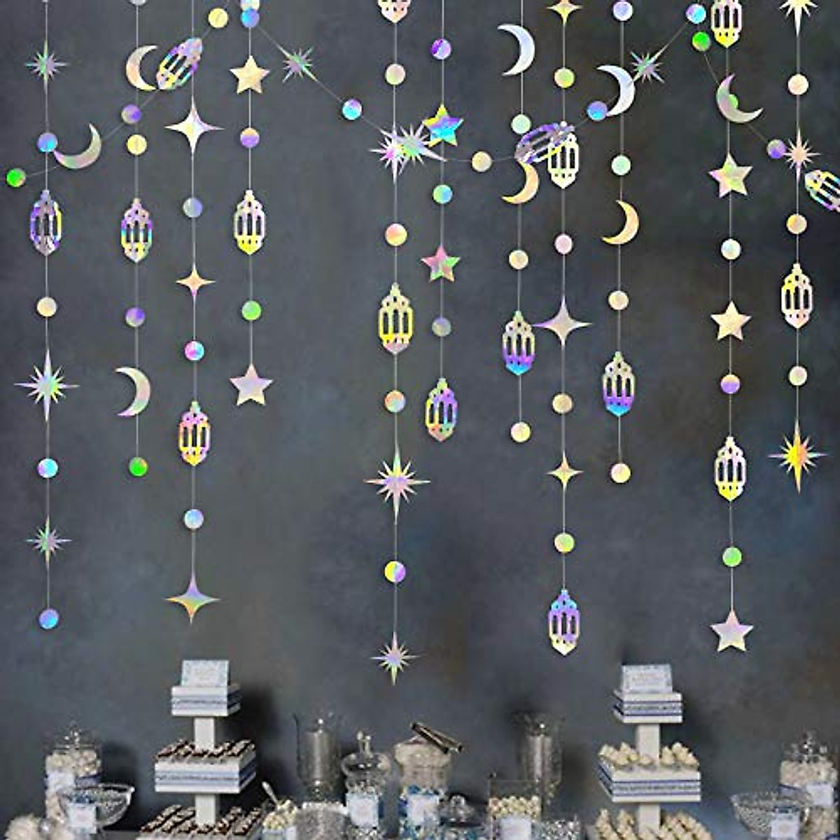 Iridescent Eid Mubarak Ramadan Decorations Hanging Rainbow Star Moon Circle Dot Crescent Lamp Garland Streamer Banner Backdrop Decorations for Happy Ramadan Muslim Islam Birthday Wedding Party