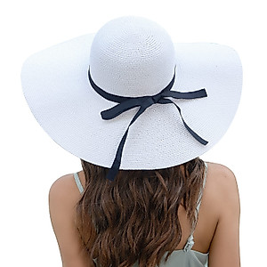 Naivlizer Women Wide Brim Sun Hat UPF50 Straw Summer Hat Floppy Beach Hat Roll-Up,Tie White