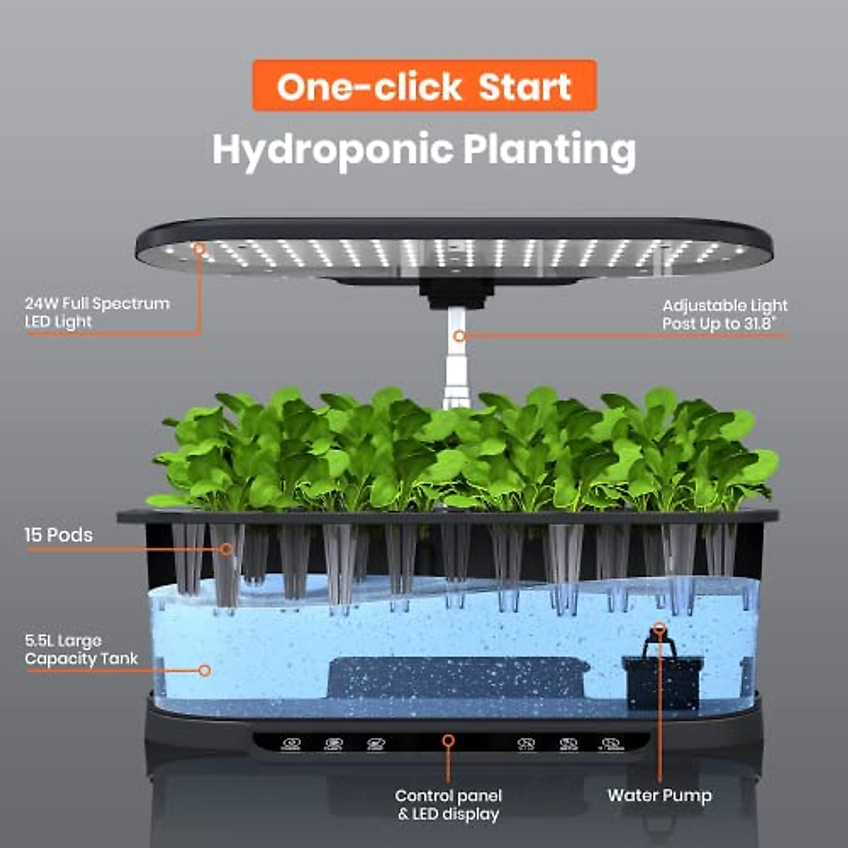 15 Pods Hydroponics Growing System with Tank Alert, Indoor Herb Garden with Grow Light, 30.31 Inches Adjustable Height, Indoor Gardening System with 5.5L Water Tank, Black