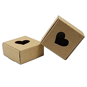 FERENLI 20Pcs Brown Mini Kraft Paper Box with Heart Shaped Window Gift Craft Candy Chocolate Paper Packaging Boxes 3x3x1.2 inch