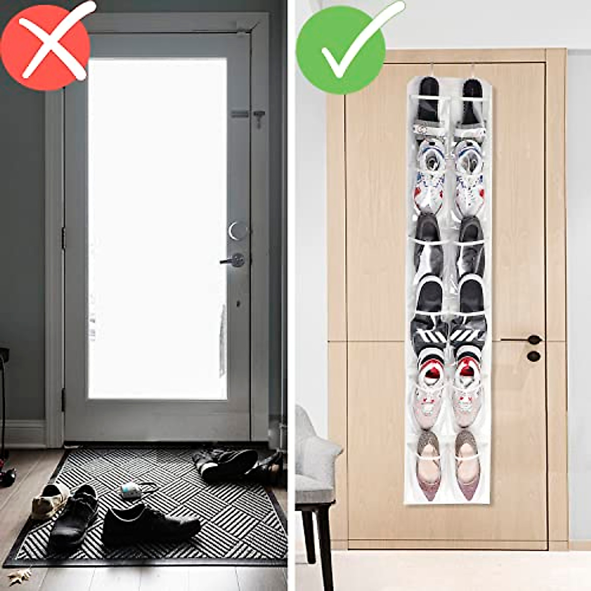 ESINGMILL Over the Door Shoe Organizer - Hanging Holder with 12 Large Clear Pockets and 2 Metal Hooks, Shoe Rack for Narrow Closet Door