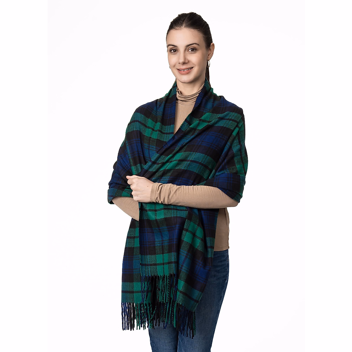 Achillea Long & Wide Scottish Tartan Plaid Large Cashmere Feel Blanket Scarf Check Shawl Wrap 80" x 29" (Green)