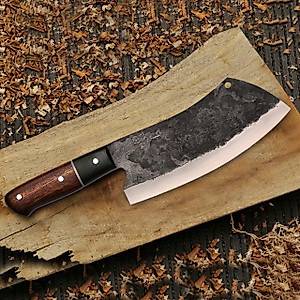 TheMohrim Full Tang Butcher Knife: Premium Meat Cutting Chopper - The Ultimate Chef's Choice for Dicing & Mincing (Rose Wood Micarte Handle)