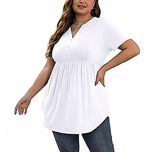 SHIJIALI Women's Plus Size Henley Shirts V Neck Button Tunic Tops Casual Short Sleeve Swing Flowy Blouse White-XX-Large