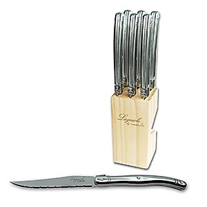 TopKnife Laguiole 6 pcs Steak Knife Set - Stainless Steel Handle - Pine Wood Block