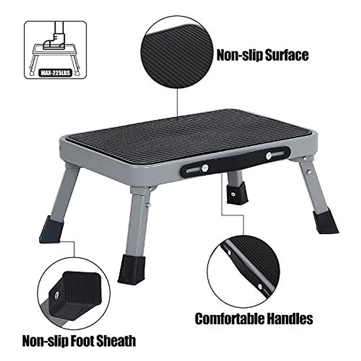 Topfun Step Stool, Non-Slip Large Platform Safe Load--ANSI-ASC A14.11-2018 American National Standard, Sturdy Steel 1-StepFolding Stools for Kids Adults Seniors at Indoor Outdoor( Grey, 7inch Height)