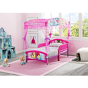 Delta Children Canopy Toddler Bed, Disney Princess + Delta Children Twinkle Galaxy Dual Sided Recycled Fiber Core Toddler Mattress (Bundle)