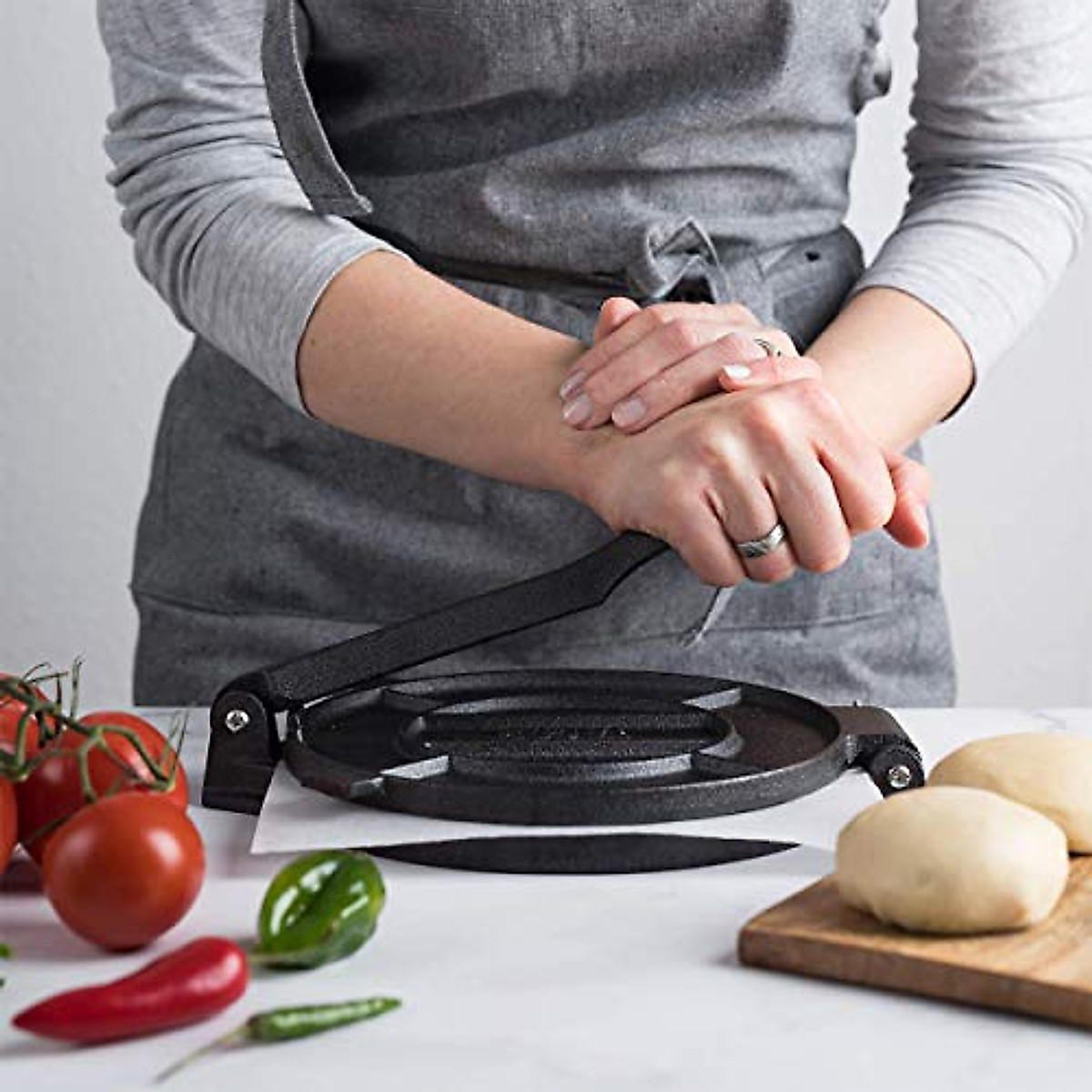 Chef Tacos Authentic Cast Iron Tortilla Press, 8-Inch, Roti Maker Pre-seasoned Corn or Flour Tortilla Maker, Pataconera, Roti Dough