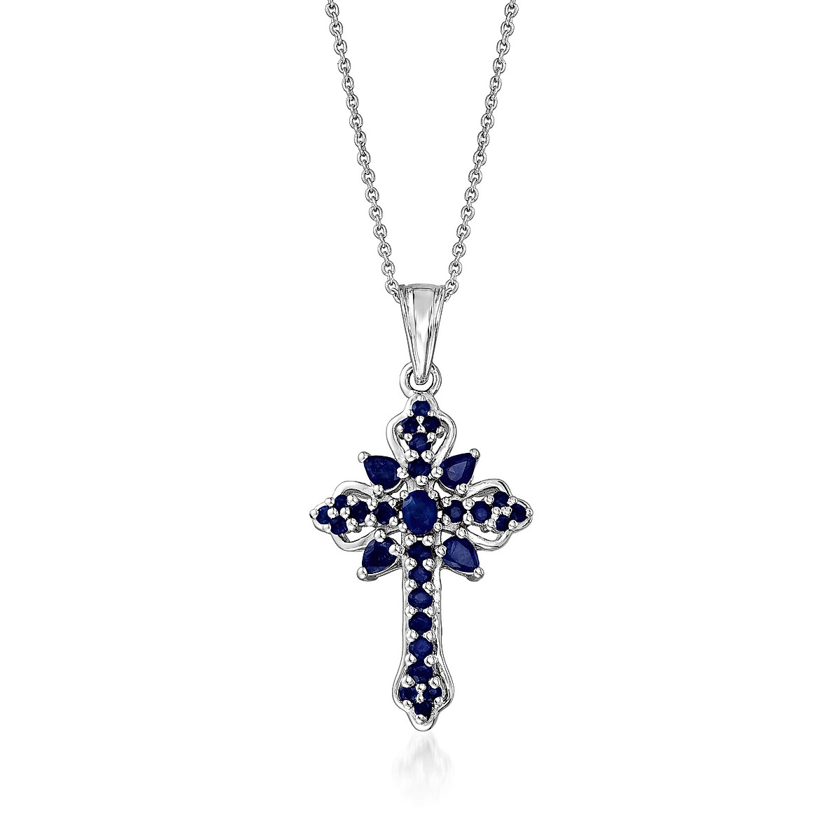 Ross-Simons 1.42 ct. t.w. Sapphire Cross Pendant Necklace in Sterling Silver. 18 inches