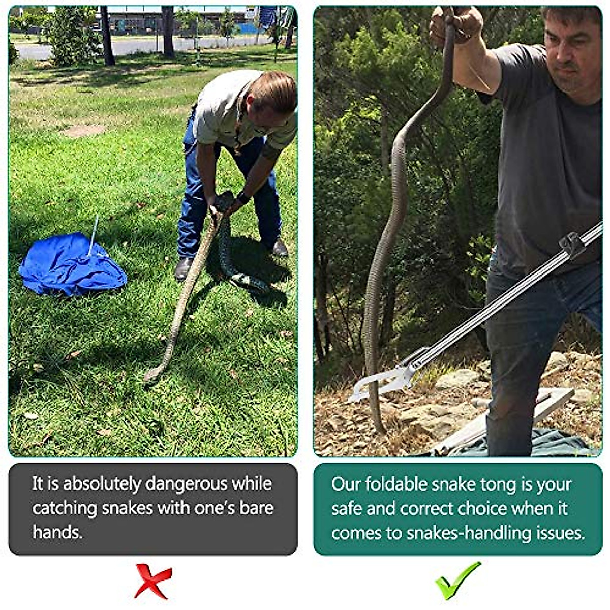 IC ICLOVER Snake Tong 52’’ Heavy Duty Professional Foldable Stainless Steel Snake Catcher Tools Reptile Grabber with Spring, Serrated Jaw, Self Lock Design-Perfect for Moving Rattle Snakes Reptiles