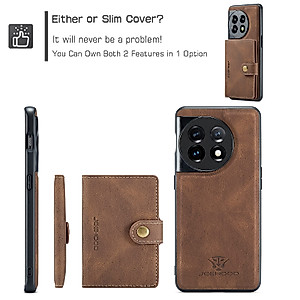 Hongxinyu Case for OnePlus 11 5G,Detachable Magnetic Basic Case Wallet Card Cash Slot Case Cover Functional Kickstand Compatible with OnePlus 11 5G 2023 (Brown)