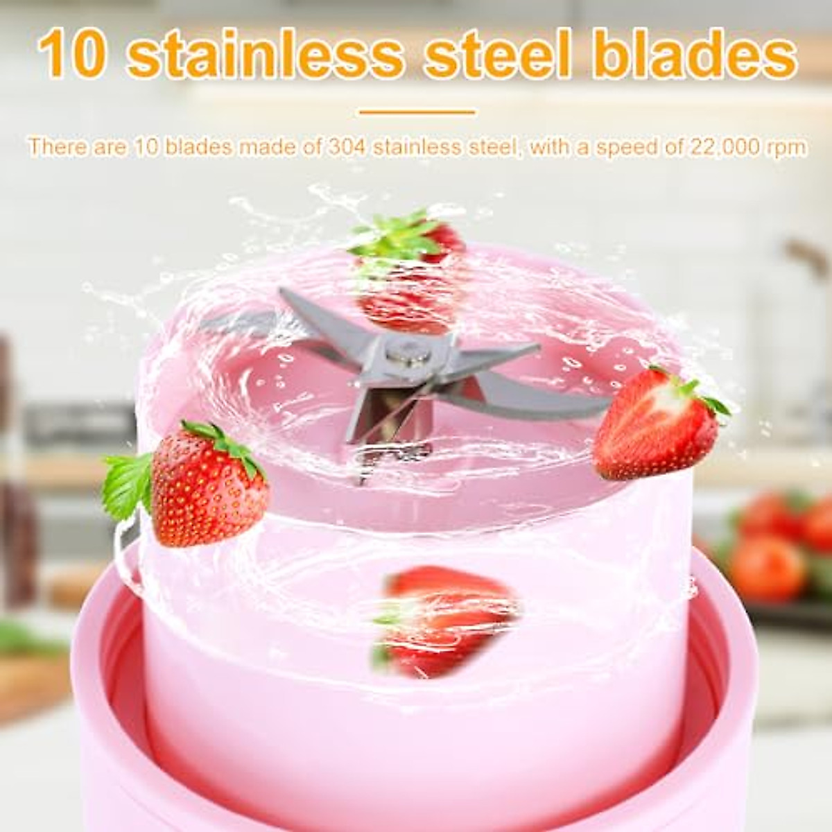 Portable Blender, 340ml Personal Electric Smoothie Blender with 10 Blades 1500mAh USB Rechargeable Mini Blender Cup with Handle Straw Cordless Personal Blender for Kitchen/Travel/Gym (Pink)