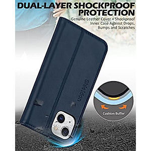 SHIELDON Case for iPhone 13 6.1", Genuine Leather iPhone 13 Wallet Folio Case with Kickstand RFID Blocking Card Holder Magnetic Full Protection Shockproof Case Compatible with iPhone 13 5G - Navy Blue