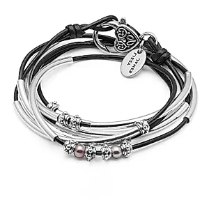 Lizzy James Charmer Natural Black Leather Wrap Bracelet Necklace in Silver with Small Freshwater Pearls (Large)