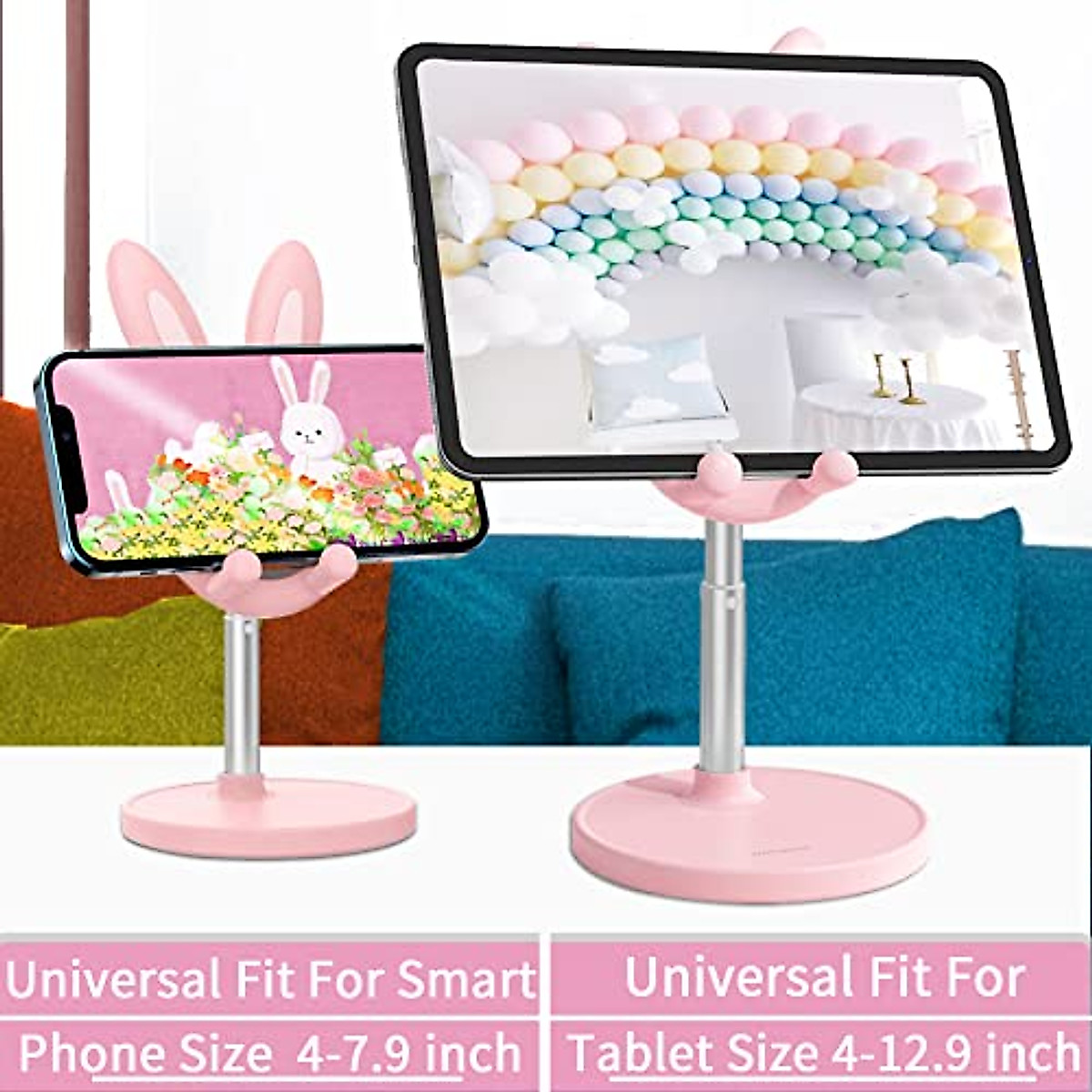 Cute Rabbit Phone Stand Holder, Adjustable Bunny Tablets Stand Desktop (Pink)