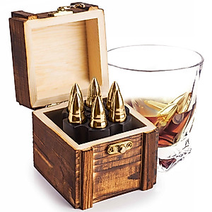 Golden Whiskey Stones Extra Large 6 Laser Engraved Stainless Steel Bullets with Revolver Barrel Base Reusable Chilling Rocks Stone Ice Cubes Chillers Birth Day Gift Set for Father's Day, Military Man.