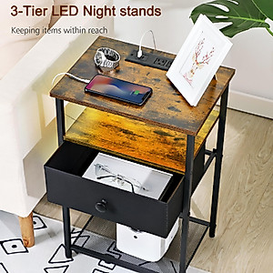 LOAKEKEL Night Stand Set 2, LED Nightstand with Charging Station, End Tables with Fabric Drawer for Small Spaces, Bedside Table with Storage Shelf for Bedroom, Brown, HETS01BR