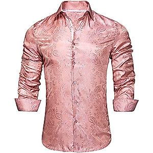 Hi-Tie Long Sleeve Rose Gold Paisley Men's Dress Shirts Blush Pink Silk Designer Regular Fit Casual Button Down Shirt Prom