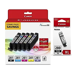 Genuine Canon CLI-281 5-Color Ink Tank Combo Pack with 5 x 5" Photo Paper (2091C006) + Canon PGI-280 XL Pigment Black Ink Tank (2021C001)