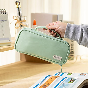 EASTHILL Large Capacity Pencil Case Pen Pouch Organizer Canvas Pencil Bag with Handle School Supplies for Teen Girls-Green