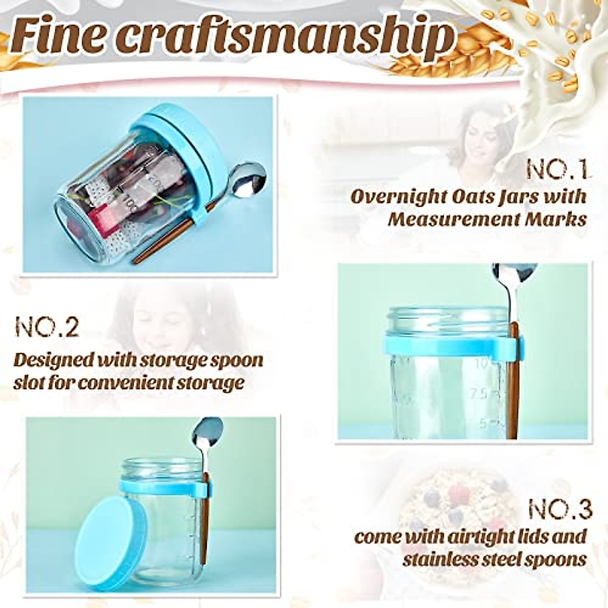 Sumind 6 Pack Overnight Oats Containers with Lids and Spoons 10 oz Large Capacity Airtight Oatmeal Container Glass Mason Overnight Oats Jars Reusable Container for Cereal Yogurt and Parfait