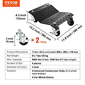 VEVOR Wheel Dolly, 6000 lbs/2722 kg Car Moving Dolly, Wheel Dolly Car Tire Stake Set of 4 Piece, Heavy-Duty Car Tire Dolly Cart Moving Cars, Trucks, Trailers, Motorcycles, and Boats