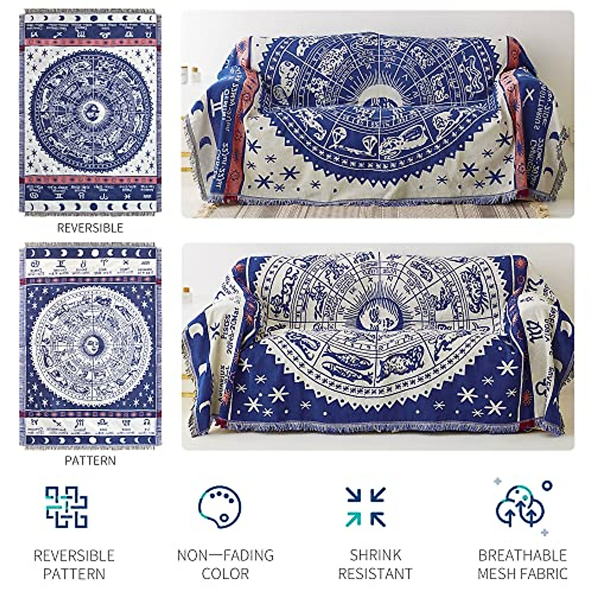 Edcooy Astrology Throw Blanket，Bohemian Hippie Woven Witchy Zodiac Celestial Constellation Balnket for Home Decor, Double Side CoverChair Sofa Couch(Blue, 50" x 70") (71''x91'')